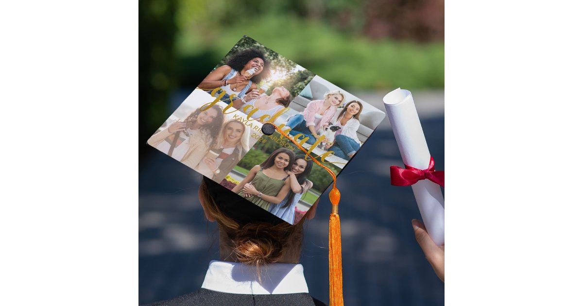 Custom 4 Photo Collage Gold Hand Lettered Graduation Cap Topper | Zazzle