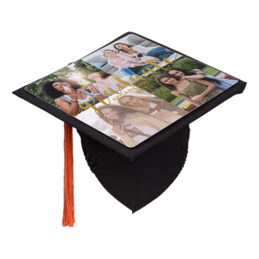 Custom 4 Photo Collage Gold Hand Lettered Graduation Cap Topper | Zazzle