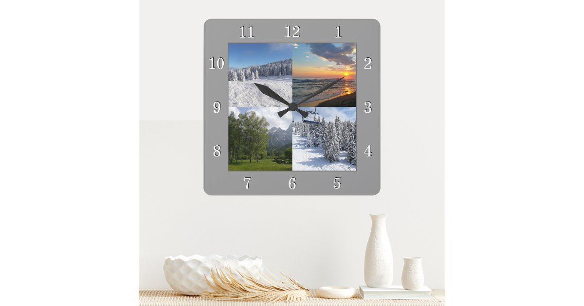 Custom 4 Photo Collage Personalized Square Wall Clock | Zazzle