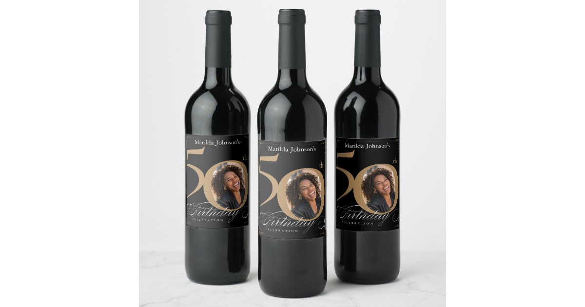Custom 50th Birthday Elegant Gold Black Photo Wine Label | Zazzle