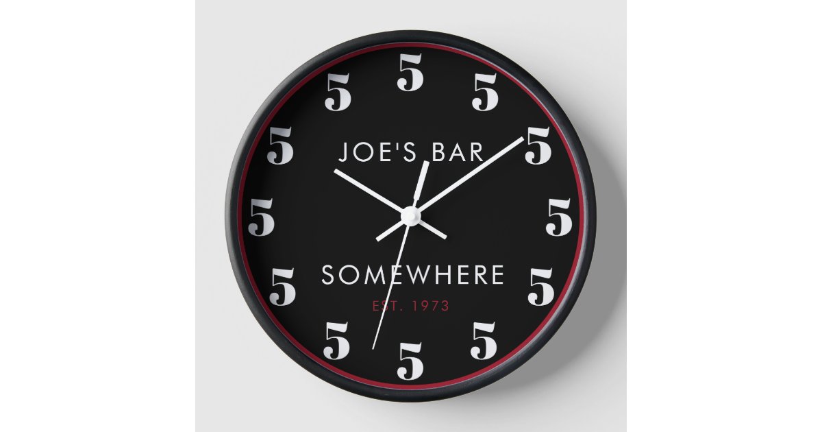 Custom 5 O'clock Bar Happy Hour Black Clock | Zazzle