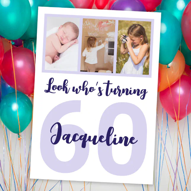 Custom 60th Birthday Purple Script Photo Collage Invitation | Zazzle