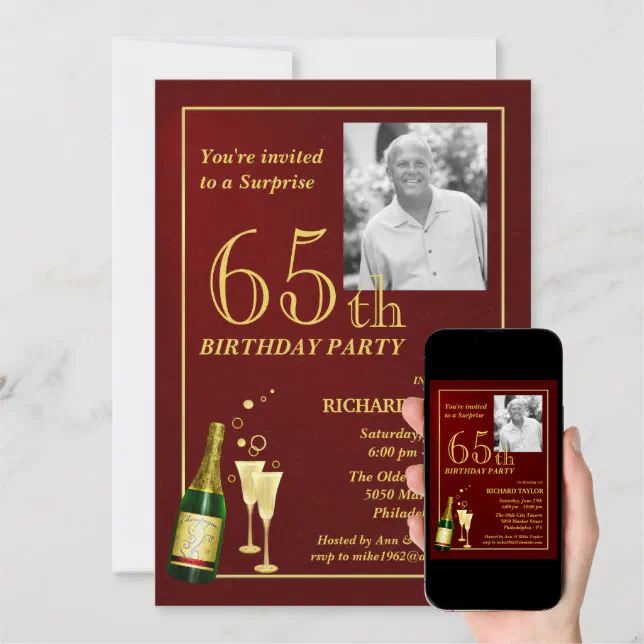 Custom 65th Birthday Party Invitations - Burgundy | Zazzle