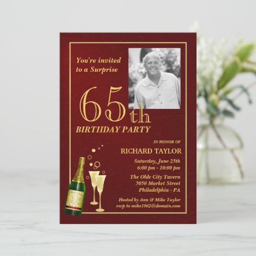 Custom 65th Birthday Party Invitations - Burgundy | Zazzle