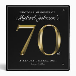 Custom 70th Birthday Black Elegant Solid Gold Text 3 Ring Binder | Zazzle
