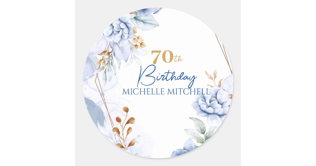 Custom 70th Birthday Blue Gold Classic Round Sticker | Zazzle