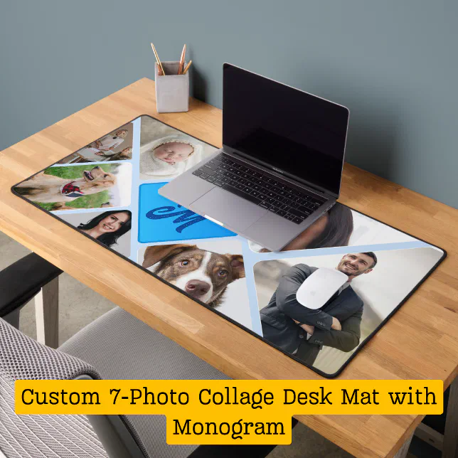 Custom 7-Photo Collage Desk Mat with Monogram | Zazzle