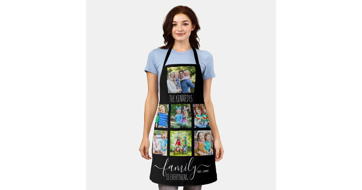 Custom 7 Photo Collage Family Name Quote Black Apron | Zazzle