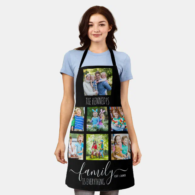 Custom 7 Photo Collage Family Name Quote Black Apron | Zazzle