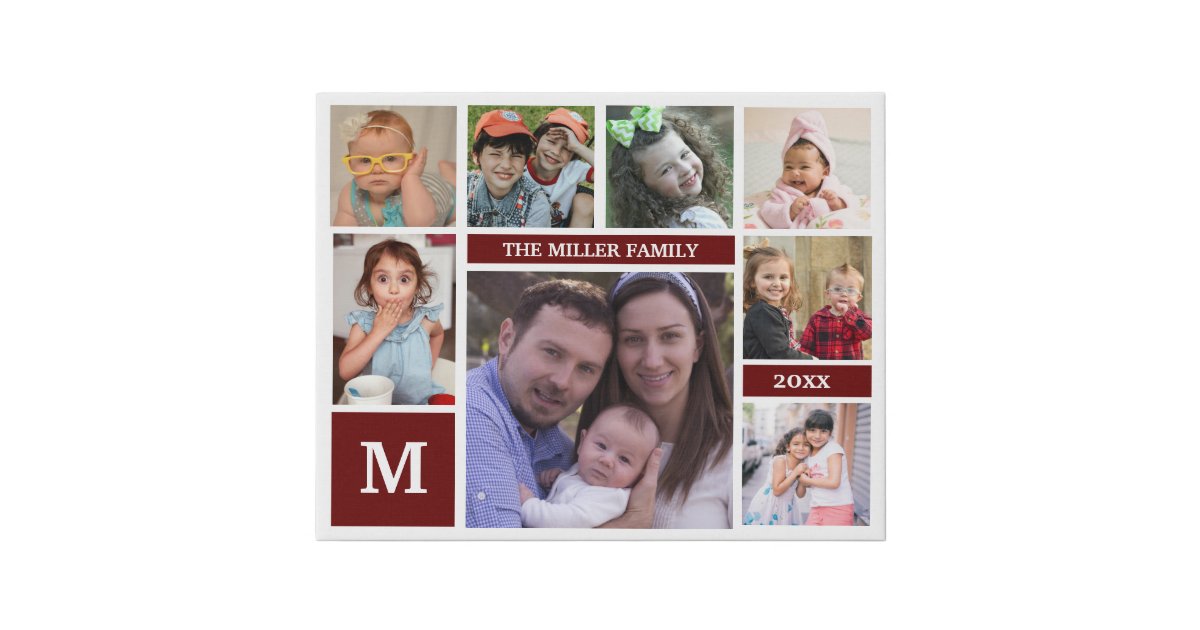 Custom 8 Photo Collage Family Name Monogram Red Faux Canvas Print | Zazzle