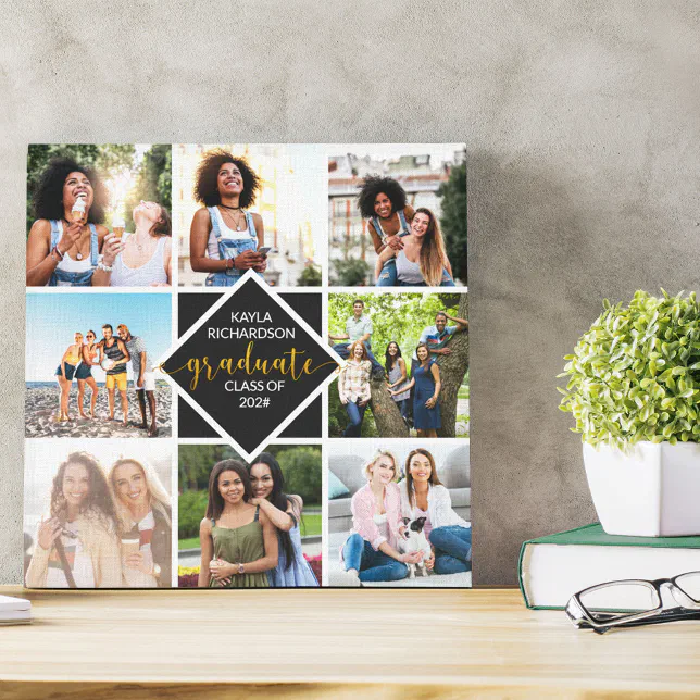Custom 8 Photo Collage Gold Graduate Graduation Canvas Print | Zazzle