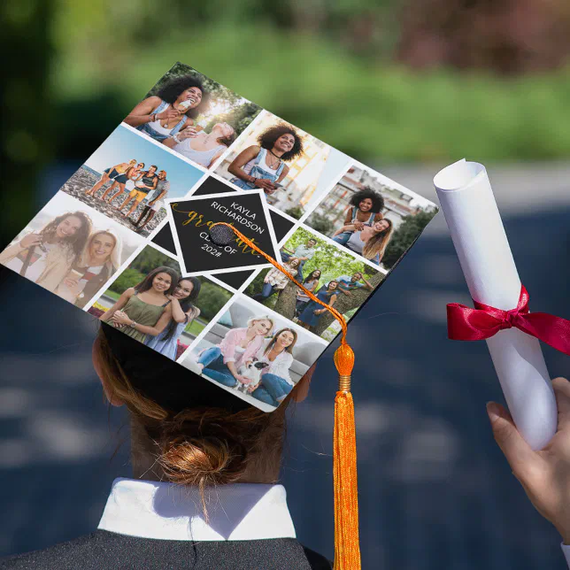 Custom 8 Photo Collage Grid Gold Graduate Graduation Cap Topper | Zazzle