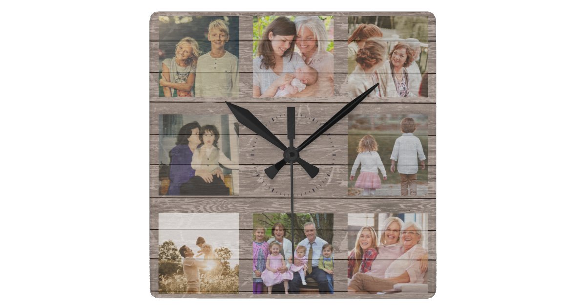 Custom 8 Photo Collage Rustic Farmhouse Reclaimed Square Wall Clock ...