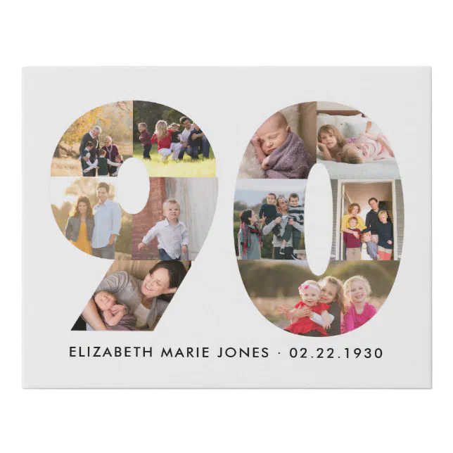 Custom 90th Number Modern Simple 10 Photo Collage Faux Canvas Print ...