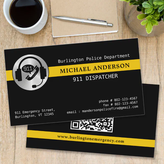 Custom 911 Dispatcher Logo Thin Gold Line QR Code Business Card | Zazzle