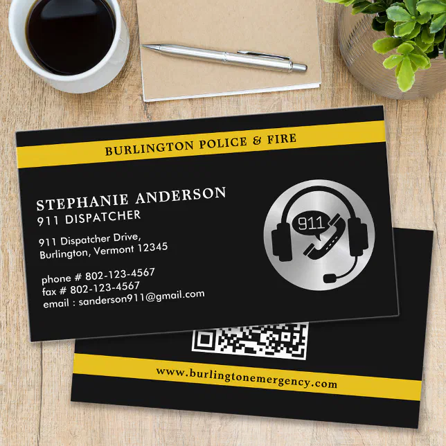 Custom 911 Dispatcher Thin Gold Line Logo QR Code Business Card | Zazzle