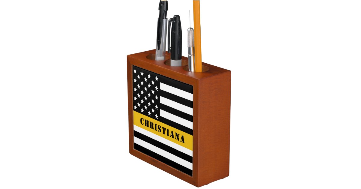 Custom 911 Dispatcher USA Flag Thin Gold Line Desk Organizer | Zazzle