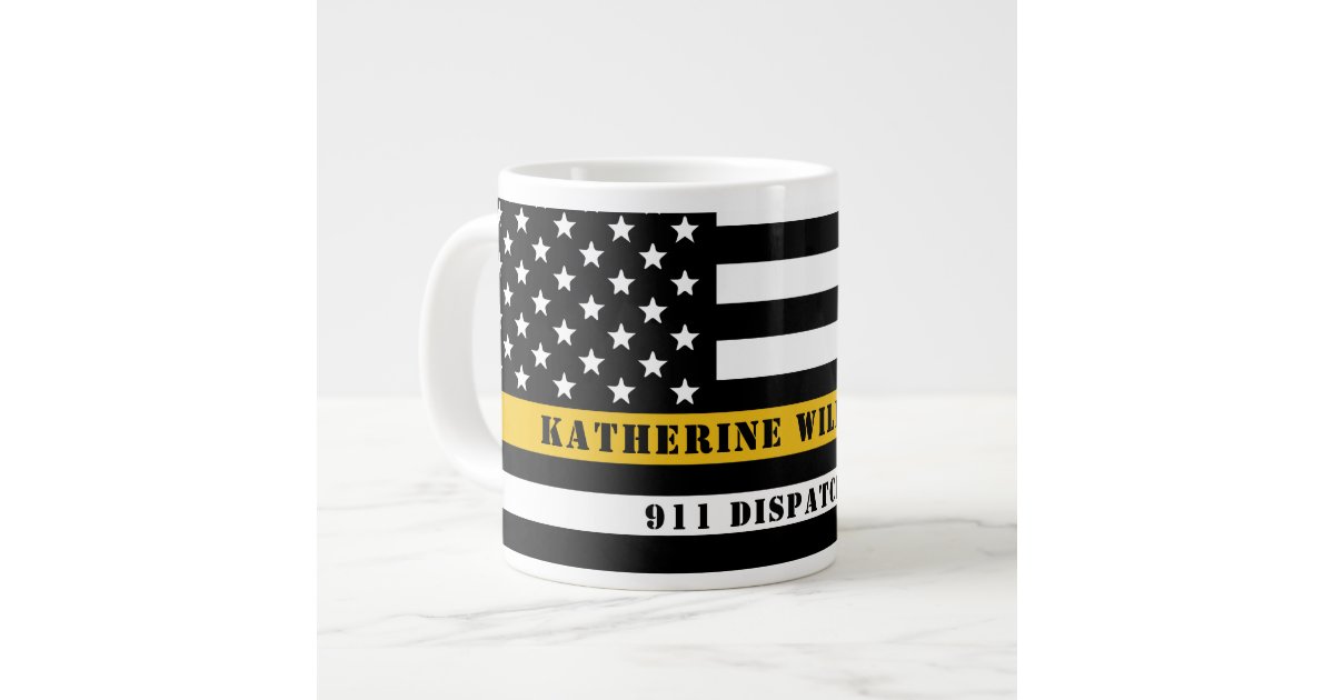 Custom 911 Dispatcher USA Flag Thin Gold Line Giant Coffee Mug | Zazzle