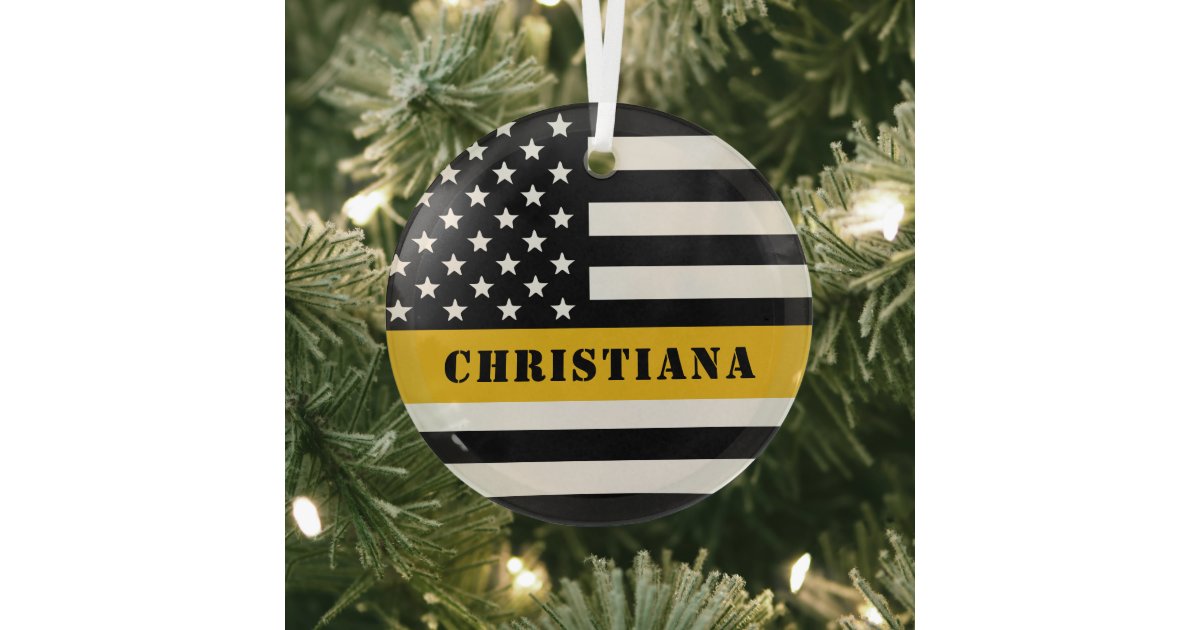 Custom 911 Dispatcher USA Flag Thin Gold Line Glass Ornament | Zazzle