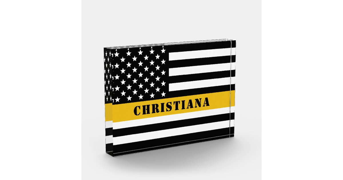 Custom 911 Dispatcher USA Flag Thin Gold Line Photo Block | Zazzle