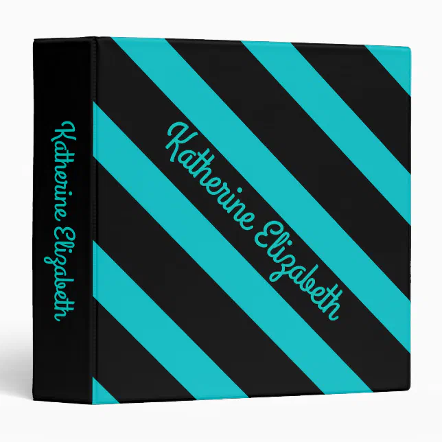 Custom Add your Name Aqua Blue and Black Striped 3 Ring Binder | Zazzle