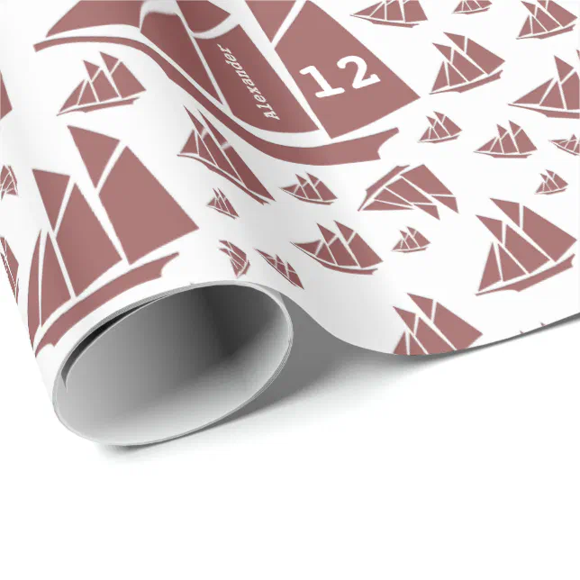 Custom Age and Name Red and White Schooner Wrapping Paper | Zazzle