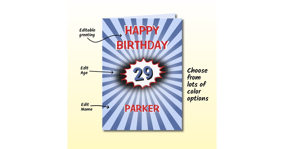 Custom age name blue retro birthday card | Zazzle