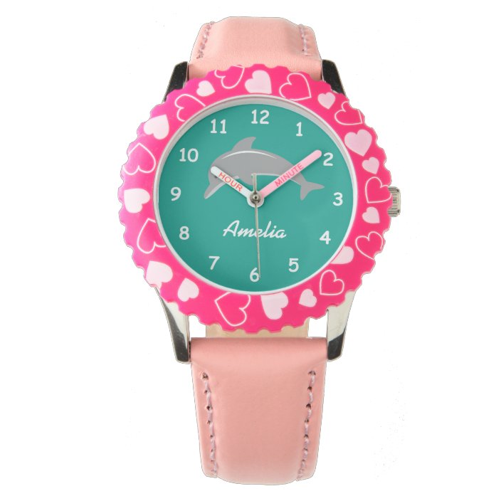 Custom aqua and pink girls watch with cute dolphin | Zazzle.com