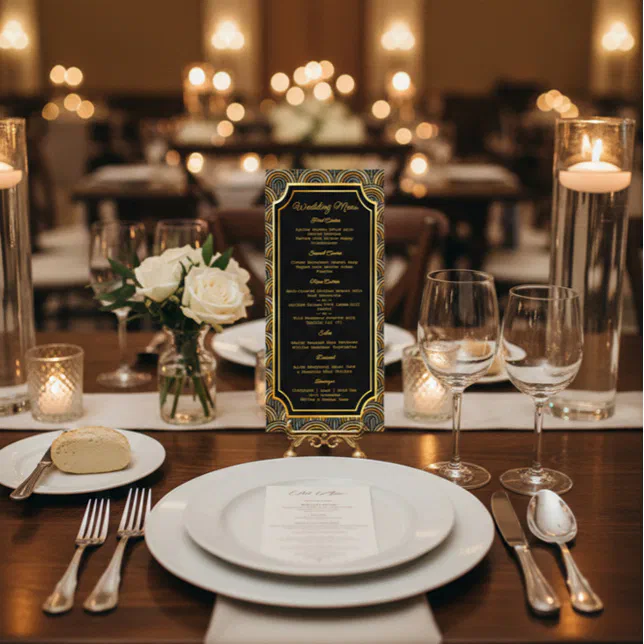 Custom Art Deco Embroidered-Style Wedding Menu | Zazzle