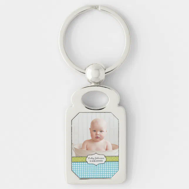 Custom baby boy photo name and birthday keepsake keychain | Zazzle