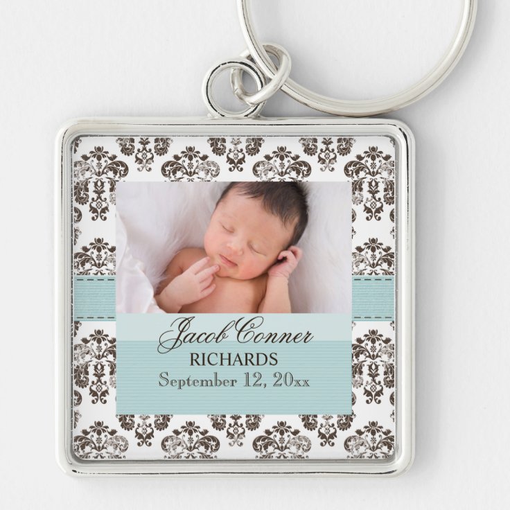 Custom Baby Damask Photo Keychain Blue and Brown | Zazzle