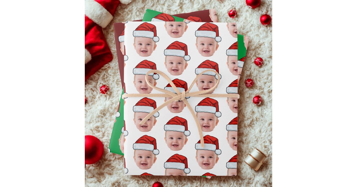 Custom Baby Face Photo Santa Claus Hat Christmas Wrapping Paper Sheets ...