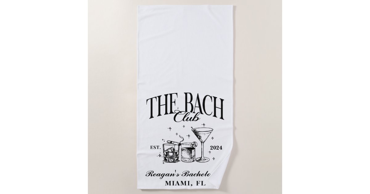 Custom Bach Club Bachelorette Retro Cocktail Black Beach Towel | Zazzle