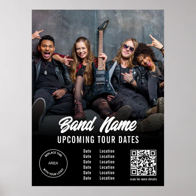 Custom Band Photo Logo QR Gigs Tour Dates Black Poster | Zazzle