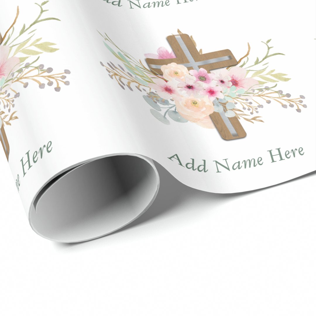 Custom Baptism Communion Confirmation Floral Cross Wrapping Paper | Zazzle