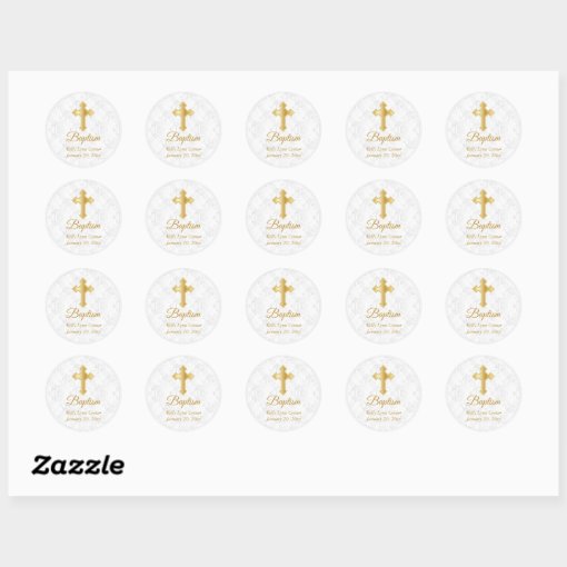 Custom Baptism in Pretty White Damask and Gold Classic Round Sticker ...