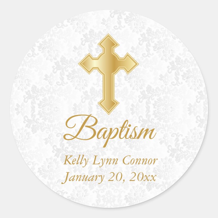 Custom Baptism in Pretty White Damask and Gold Classic Round Sticker ...