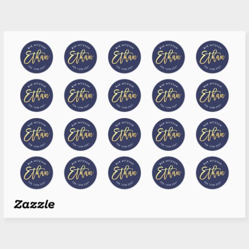 CUSTOM Bar Mitzvah for Ethan navy + gold Classic Round Sticker | Zazzle
