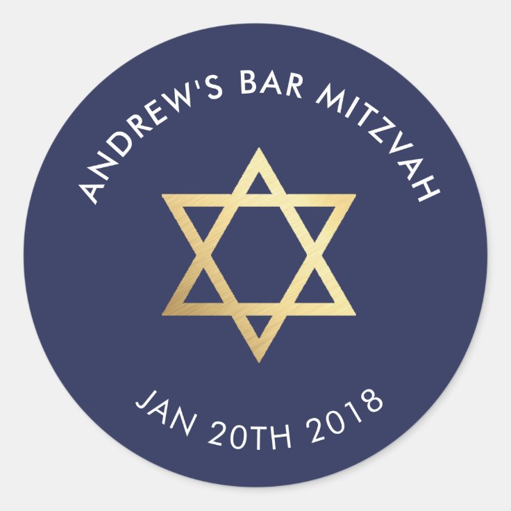 CUSTOM Bar Mitzvah for jewish star navy + gold Classic Round Sticker ...