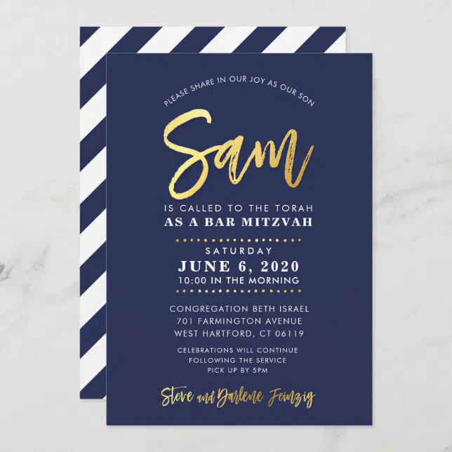 CUSTOM Bar Mitzvah modern navy + gold name SAM Invitation | Zazzle
