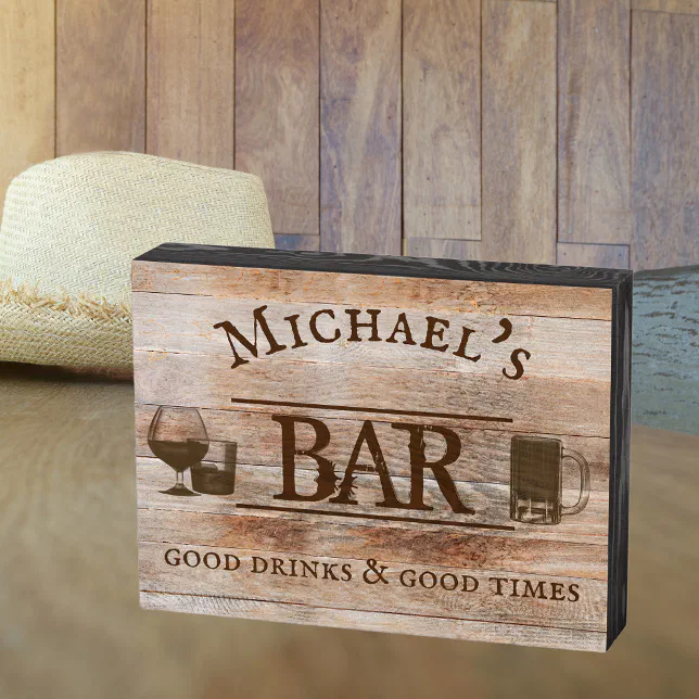 Custom Bar Personalized Gift Rustic Good Drinks Wooden Box Sign | Zazzle