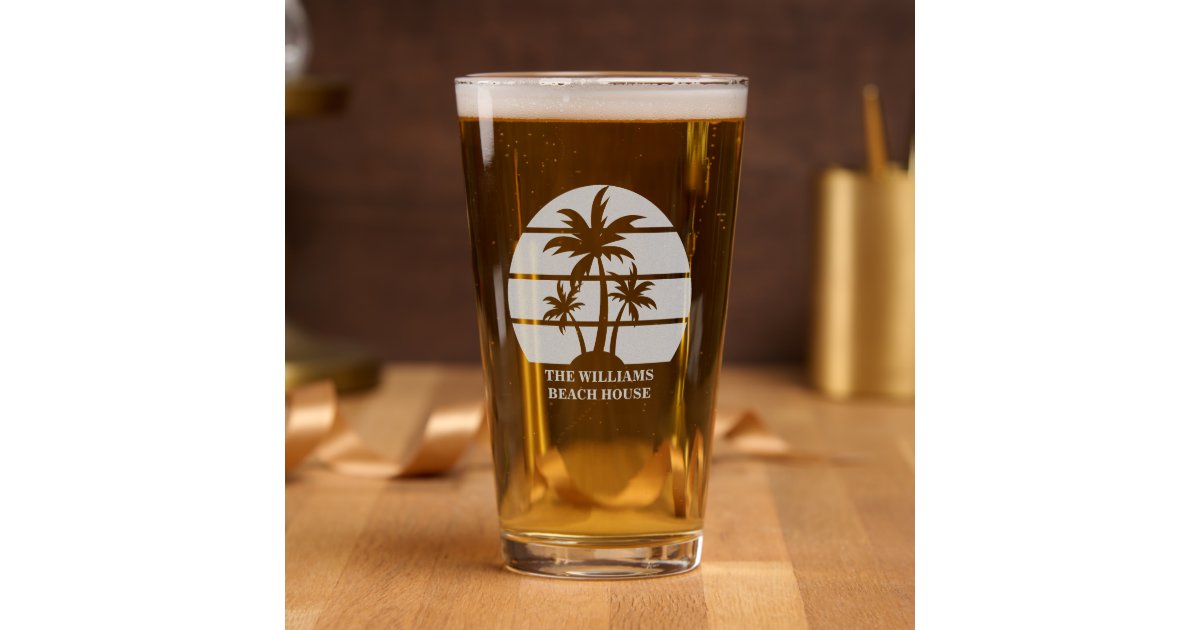 Custom Beach House Tropical Palm Tree Pint Glass | Zazzle