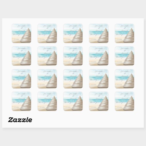 Custom Beach Sand Sea Shell Wedding Gift Favors Square Sticker | Zazzle