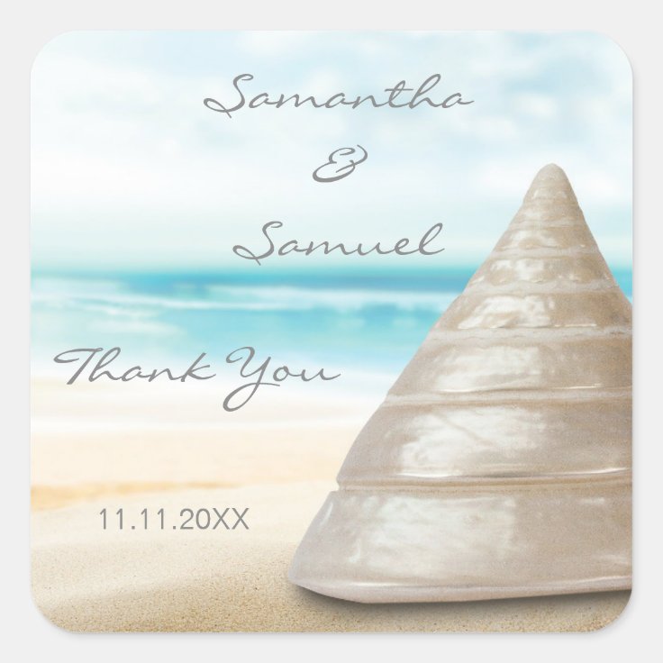 Custom Beach Sand Sea Shell Wedding Gift Favors Square Sticker | Zazzle