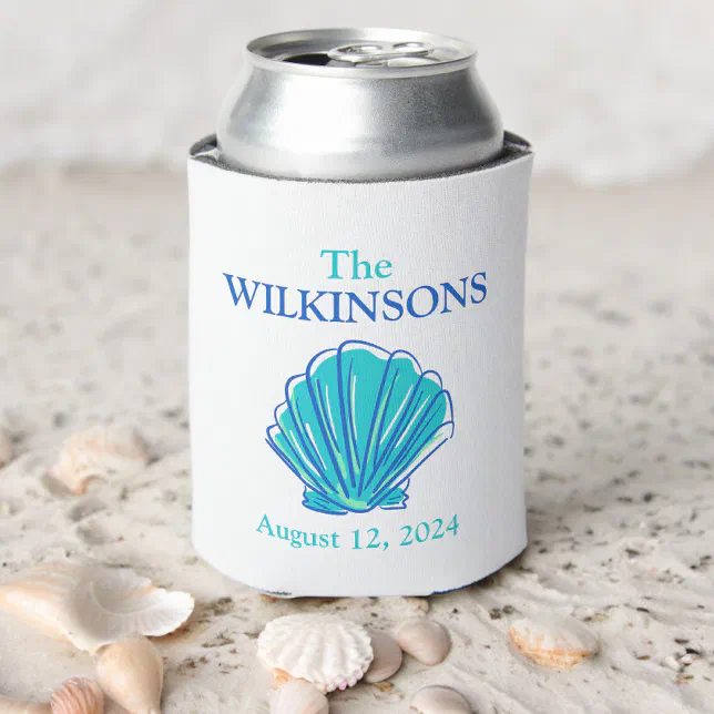 Custom Beach Shell Wedding Destination Favor Can Cooler | Zazzle