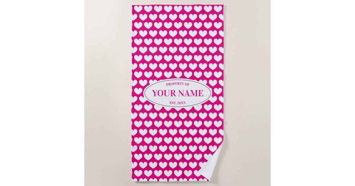 Custom beach towel with hot pink heart pattern | Zazzle
