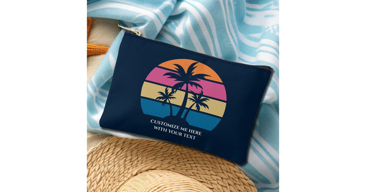 Custom Beach Vacation Cute Tropical Palm Tree Blue Accessory Pouch | Zazzle
