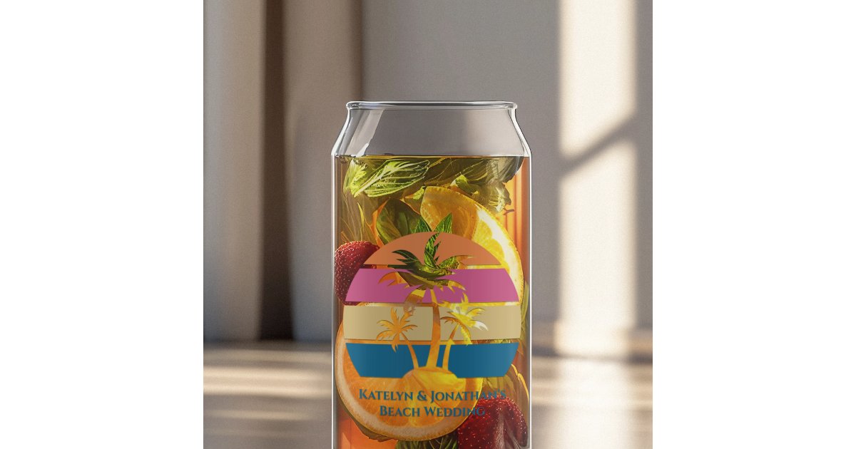 Custom Beach Wedding Tropical Palm Tree Sunset Can Glass | Zazzle