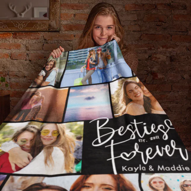 Custom Besties BFF Modern Script Photo Collage Fleece Blanket | Zazzle