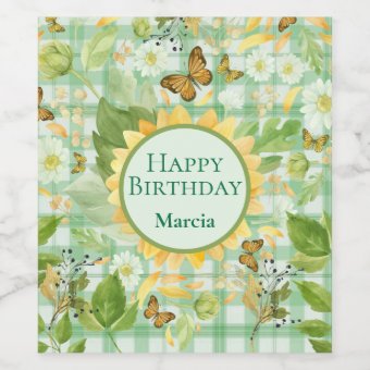 Custom Birthday Green Gingham Sunflower Butterfly Wine Label | Zazzle